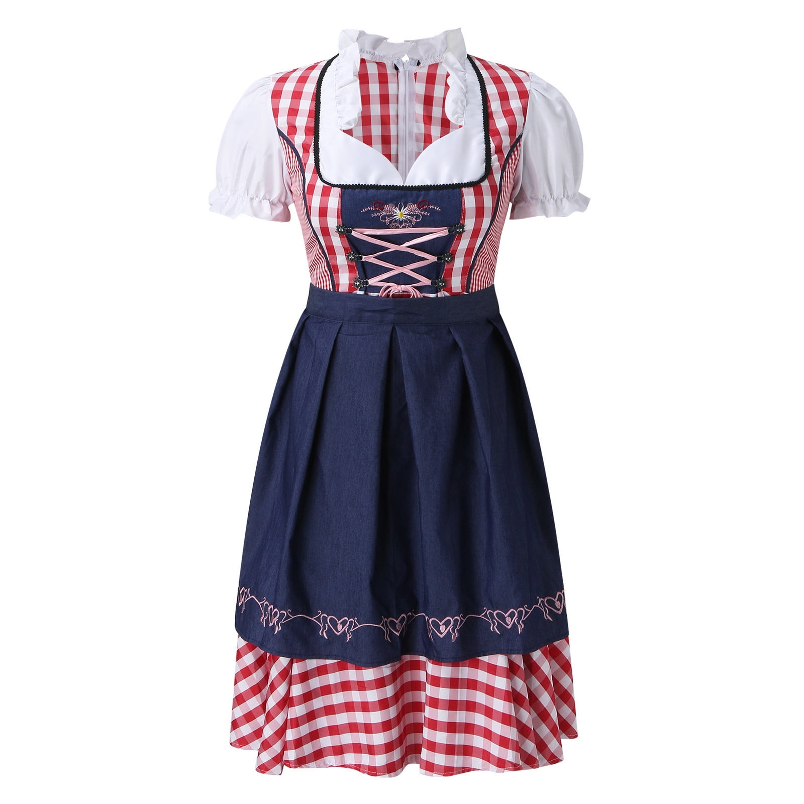 XIAONU Women Gingham Trimmed Oktoberfest Dirndl Lace Up Aproned Mini ...
