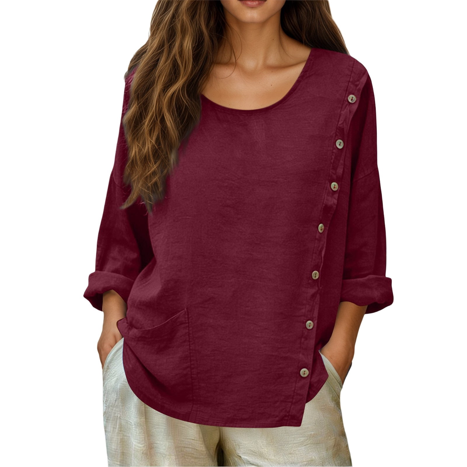 XIAONU Women's Asymmetric Button Loose Blouse Round Neck Three-Quarter ...