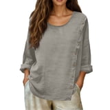XIAONU Women's Asymmetric Button Loose Blouse Round Neck Three-Quarter ...