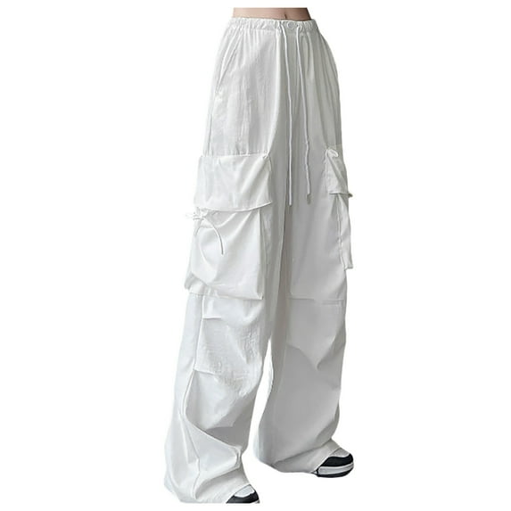 XIAONU Women's Cargo Bow-Accent Pants Wide-Leg Drawstring Trousers Edgy ...