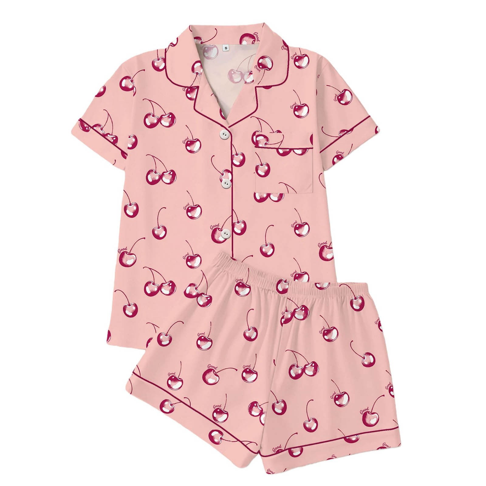 XIAONU Women's Cherry-Print Contrast-Piped Pajama Set Soft Lightweight ...