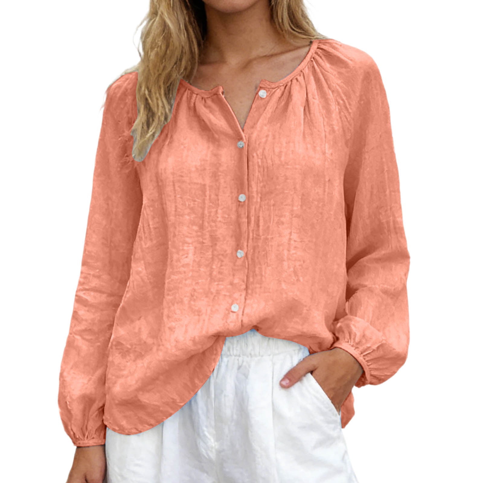 XIAONU Women's Gathered Neck Long Sleeve Shirt Elastic Daily Vacation ...