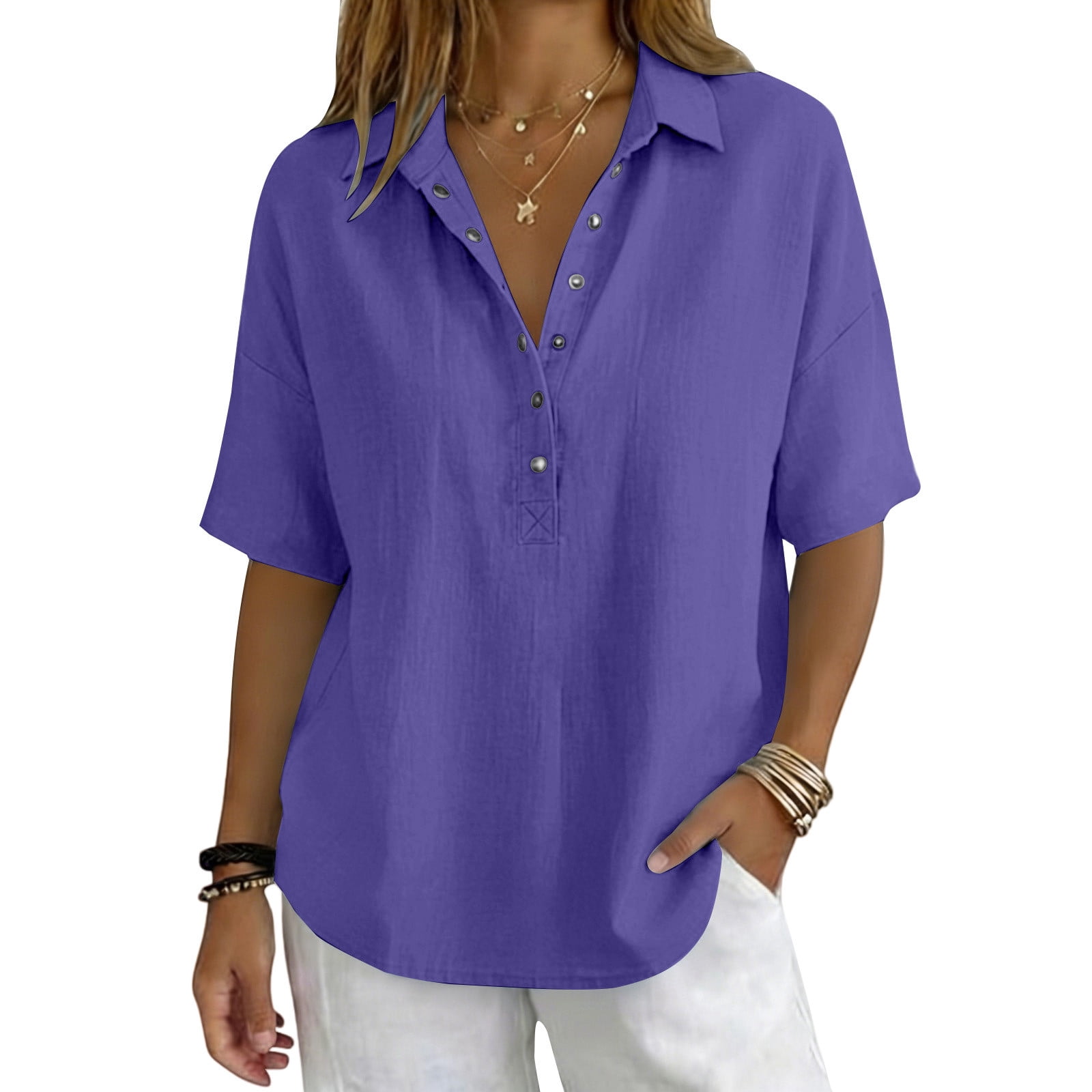 XIAONU Women's Half-Button Relaxed-Fit Blouse Short-Sleeve Collared ...