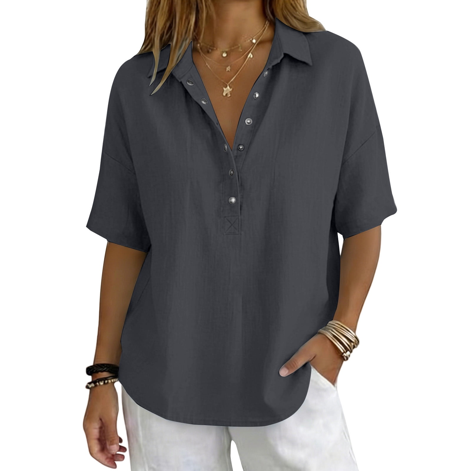 XIAONU Women's Half-Button Relaxed-Fit Blouse Short-Sleeve Collared ...