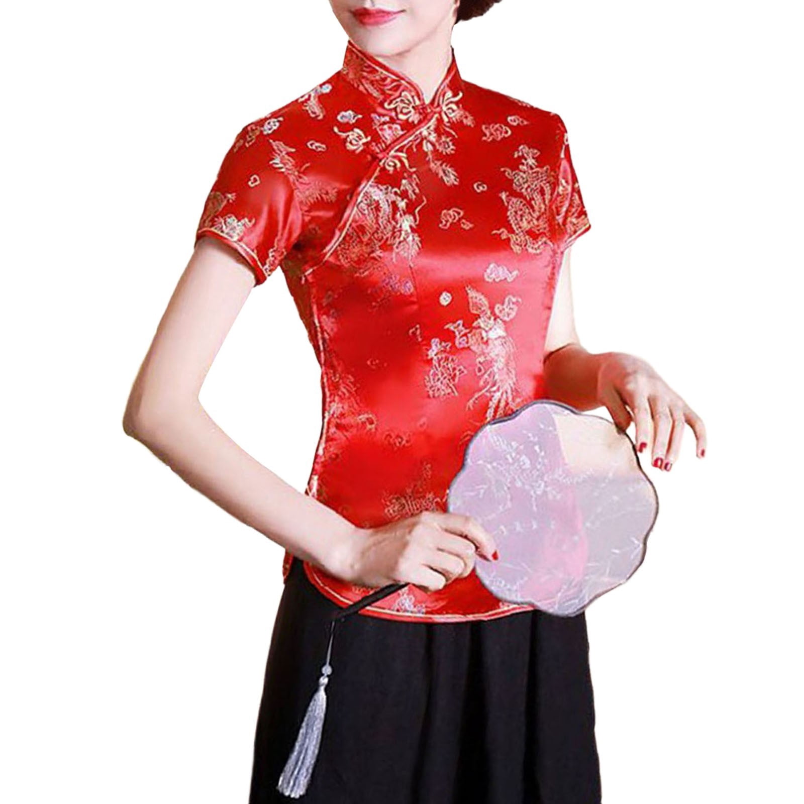 XIAONU Women's Mandarin-Collar Printed Qipao Blouse Short-Sleeve ...