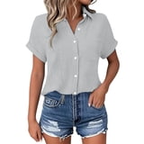 XIAONU Women's Pocket-Featured Short-Sleeve Shirt Turn-Down Collar ...