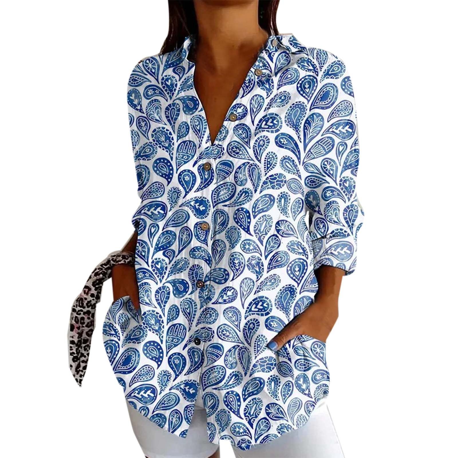 XIAONU Women's Pocket-Fitted Turn-Down-Collar Shirt Loose-Cut Travel ...
