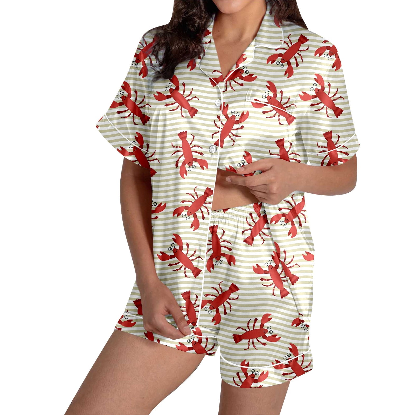 XIAONU Women's Short-Sleeve Pajama Set Striped-Animal Beach Sleep Sets ...