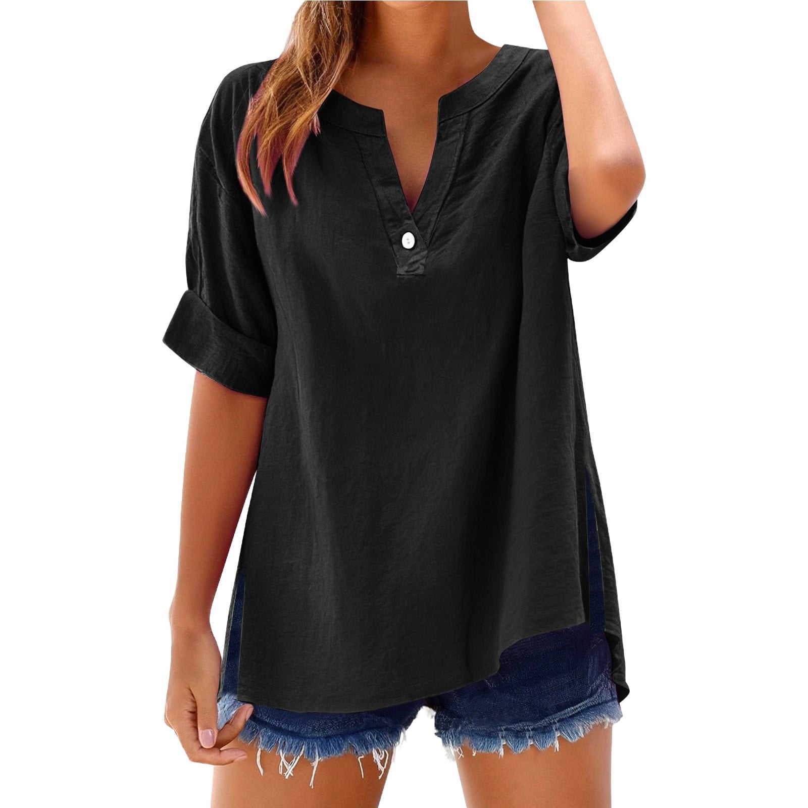 XIAONU Women's Side Split Short Sleeve Shirt Notch Neck Daily Summer ...