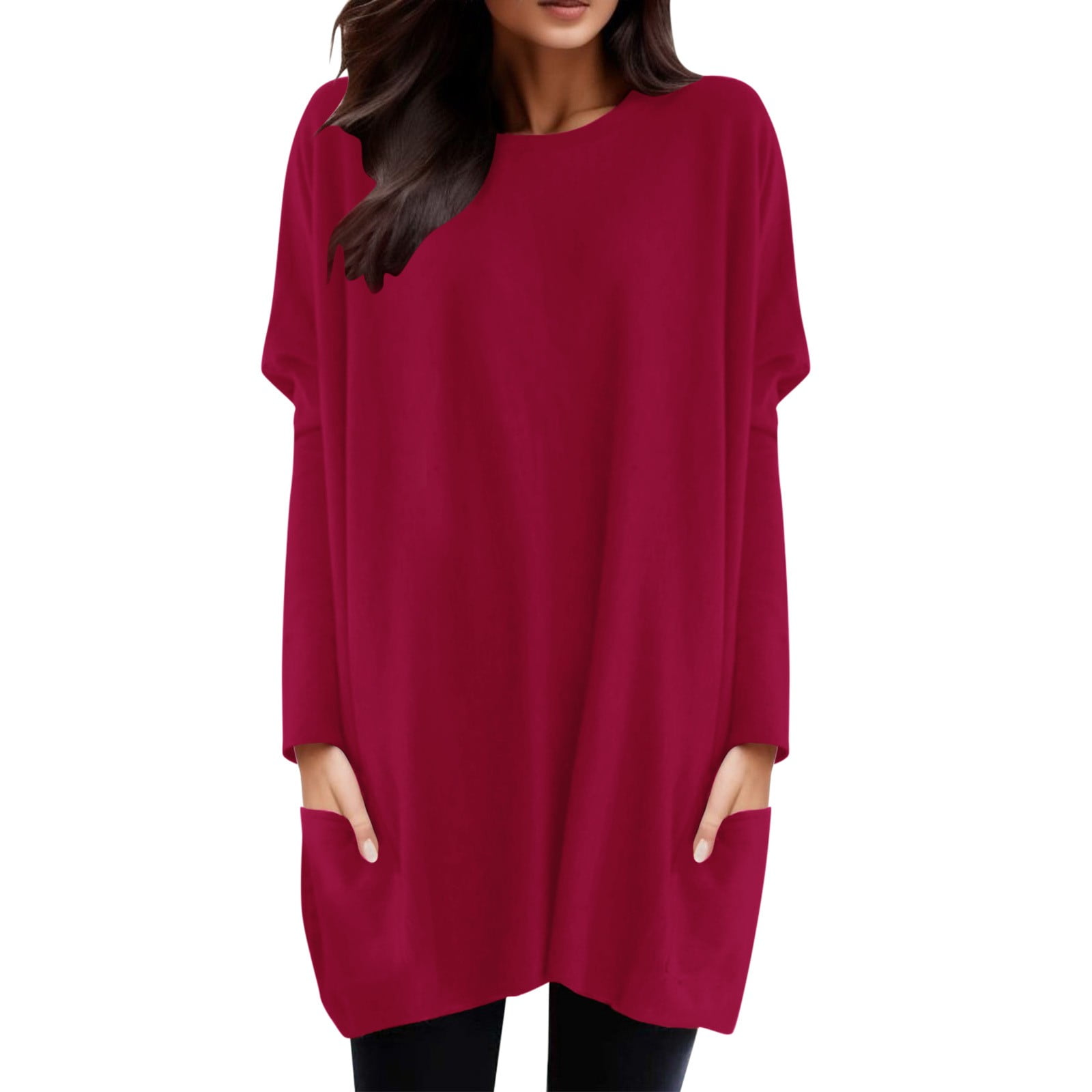 XIAONU Women's Solid Color Tunic Dress Relaxed Fit Crew Neck Dolman ...