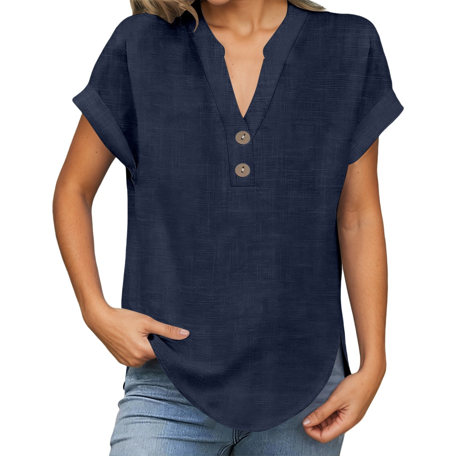 XIAONU Women's V-Notch Short Sleeve Blouse Relaxed Fit Weekend Travel ...