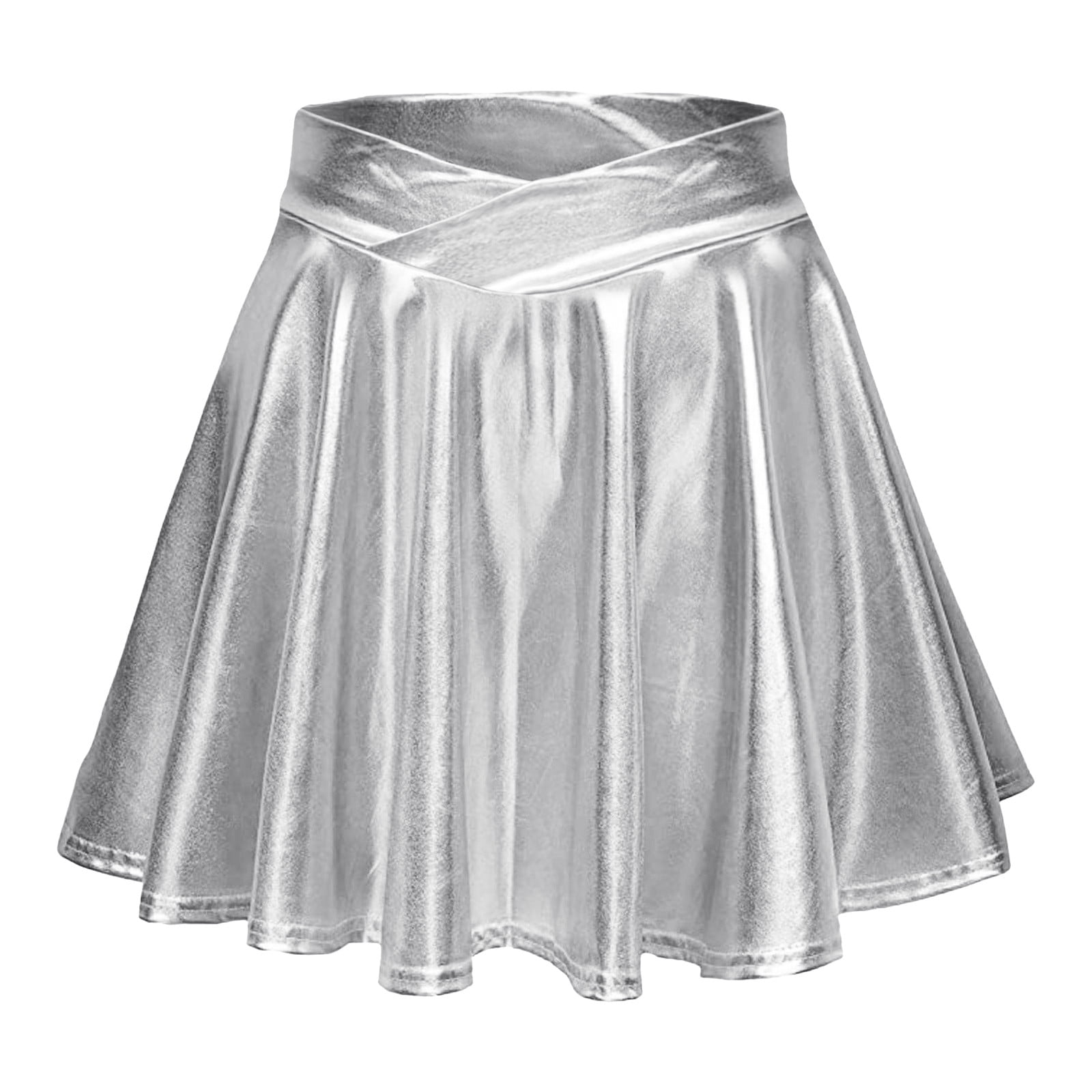 XIAONU Womens Shiny Mini Skirt Cross Waist Flared Skater Skirt Flexible ...
