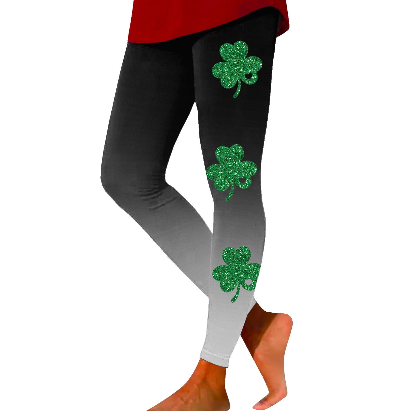 XIAONU Womens St. Patrick's Day Glitter Shamrock Print Leggings Stretch ...
