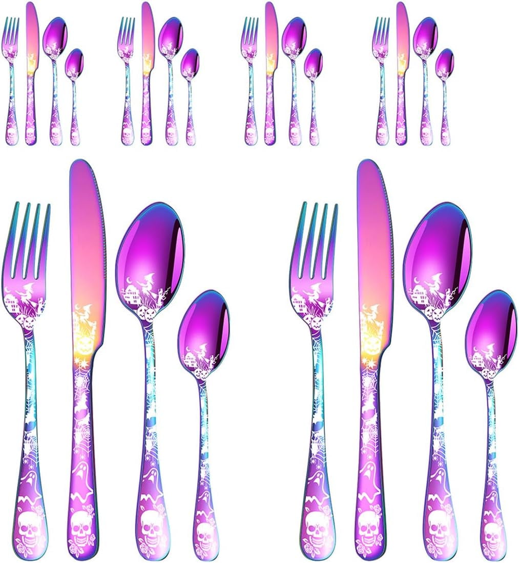 XIAOYU 24-Piece Halloween Themed Skull Silverware Set, Gothic Skull ...