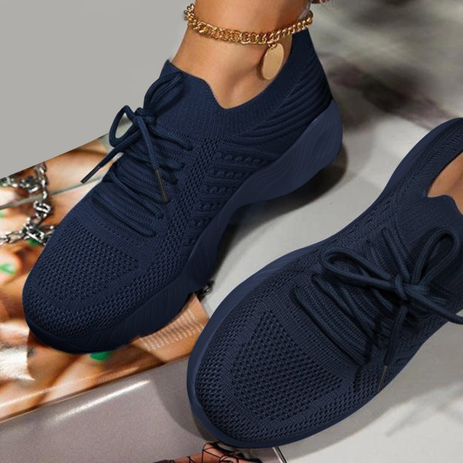 XIAQUJ Ladies Fashion Solid Color Mesh Breathable Round Toe Lace up Low ...