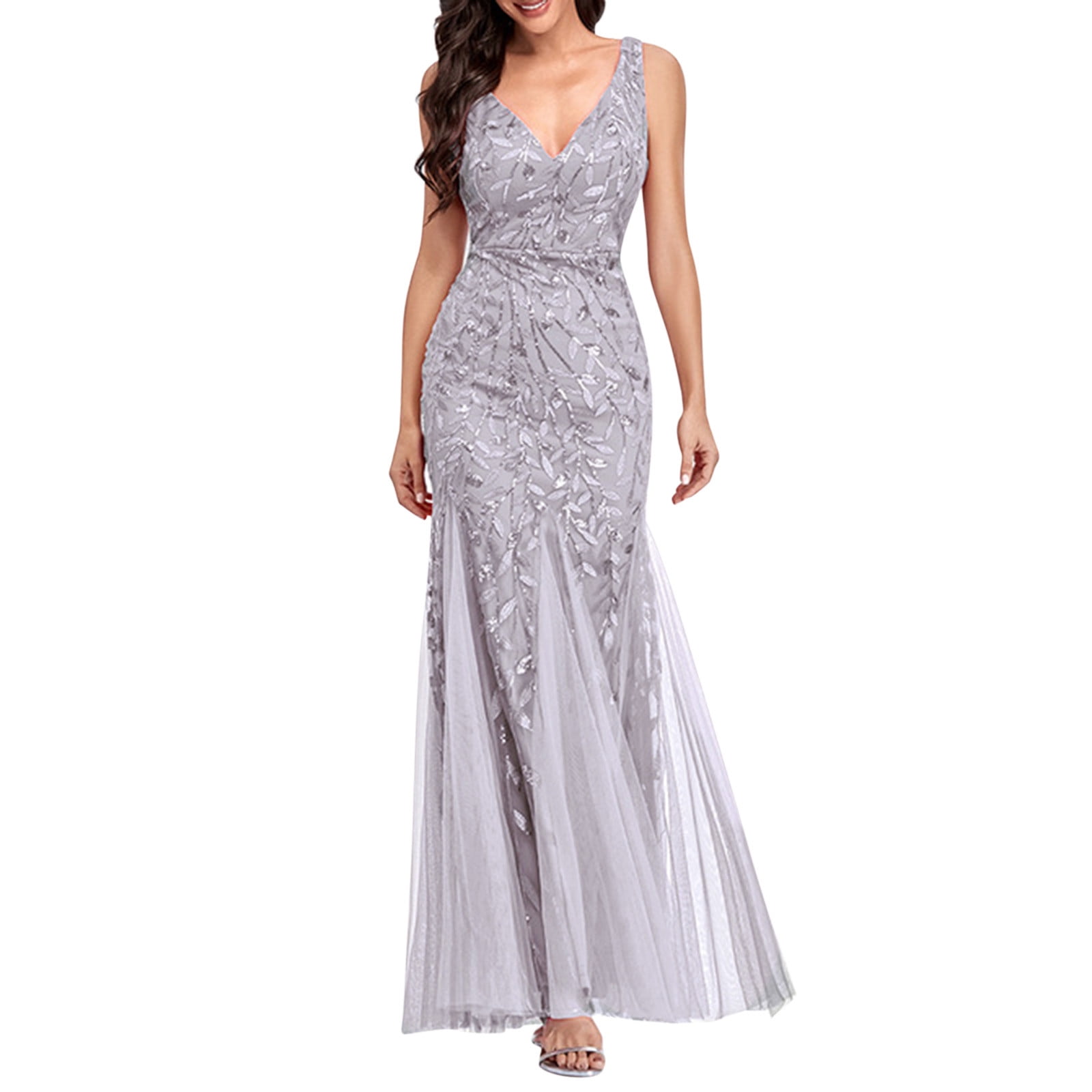 XIAQUJ Womens Fishtail Evening Dresses Embroidered Sleeveless V Neck ...