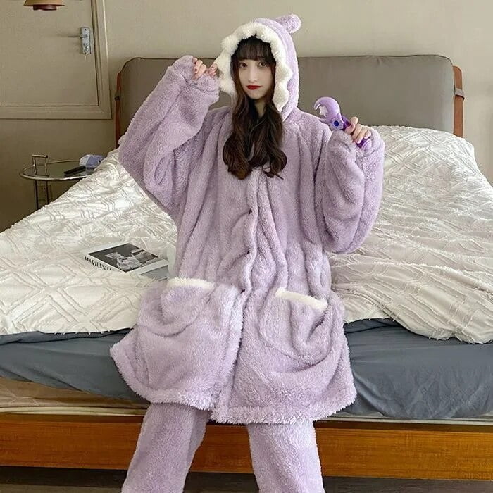 XIATIAN Shark Women's Pajamas Flannel Hooded Sleepwear Kawaii Pijama ...