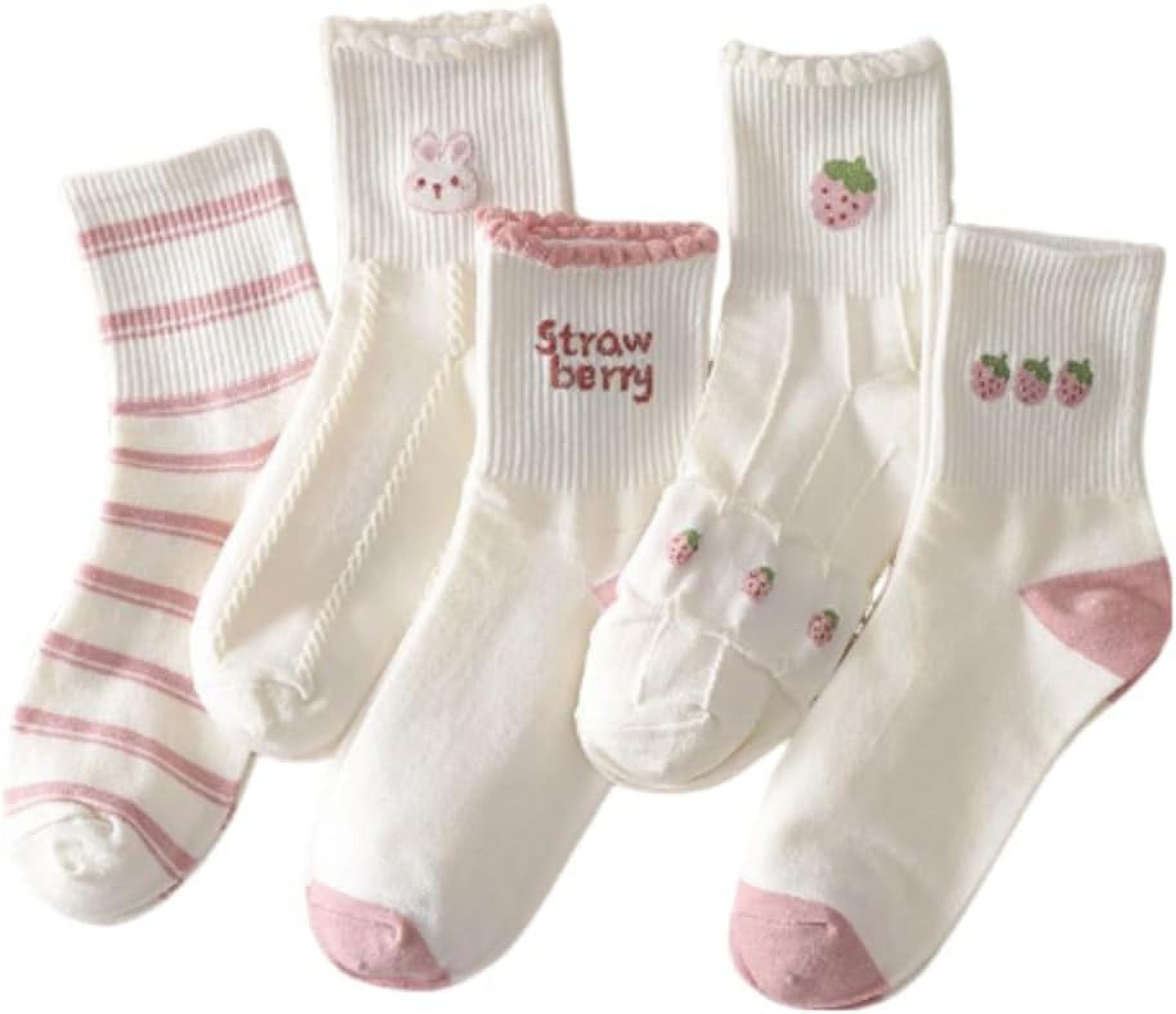XIATIAN Kawaii Multi Patterned Cute Bunny Rabbit Strawberry Striped Cotton Crew Socks For Women ...