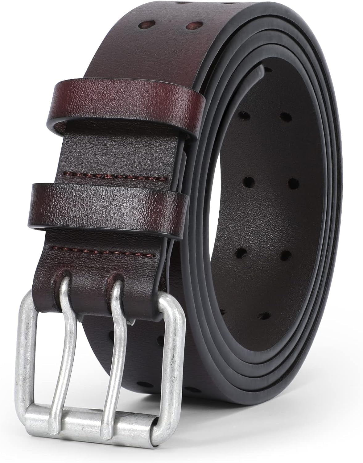 XIATIAN Men Double Prong PU Leather Belt Casual Work Heavy Duty Belt Double Grommet Holes Belt ...