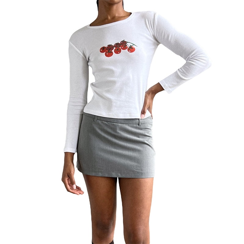 XIATIAN y2k Crop Top 2000s Women Graphic Cherry/Cake Print Round Neck ...