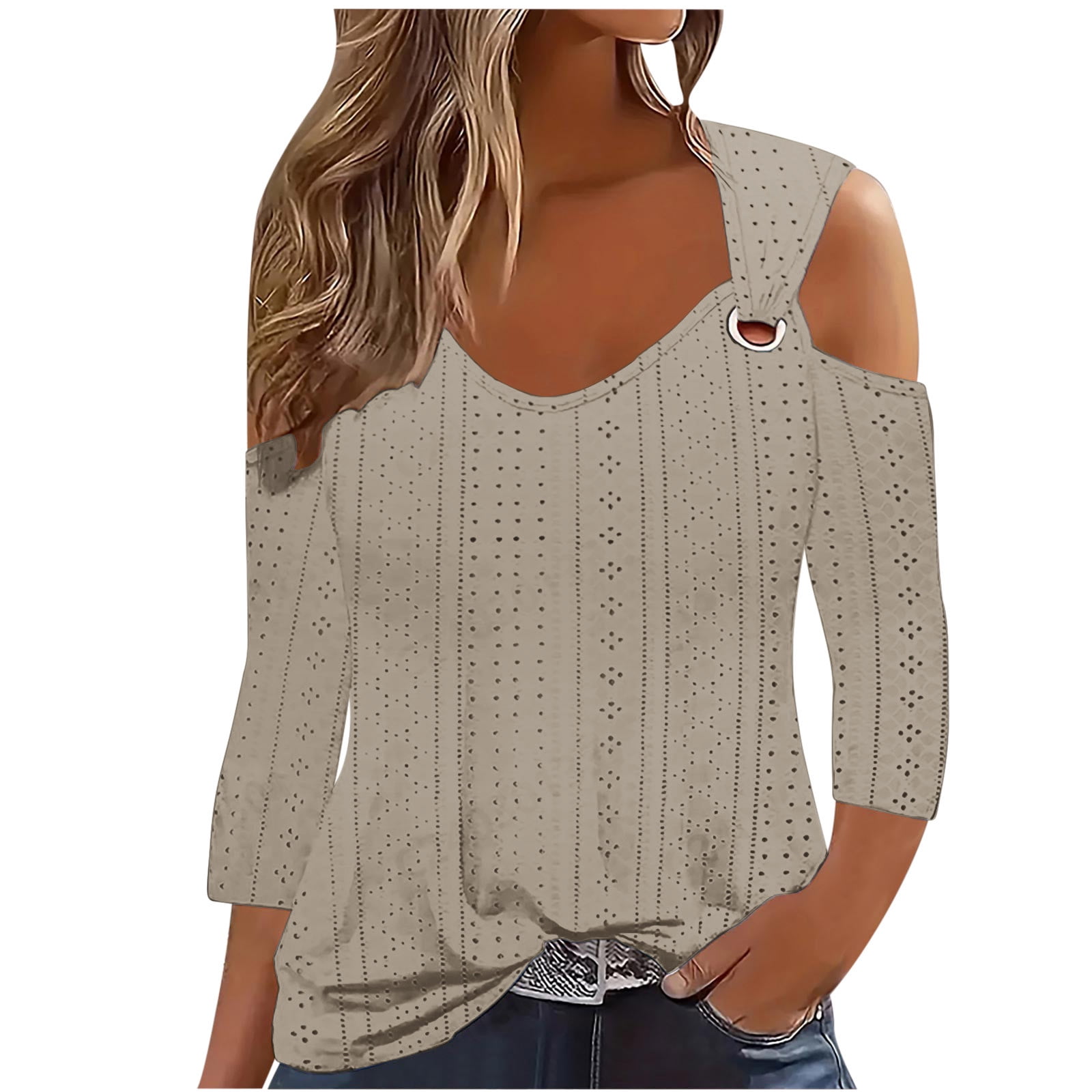 XIAfhje Cold Shoulder Tops for Women Summer T-Shirts Casual 3/4 Sleeves ...