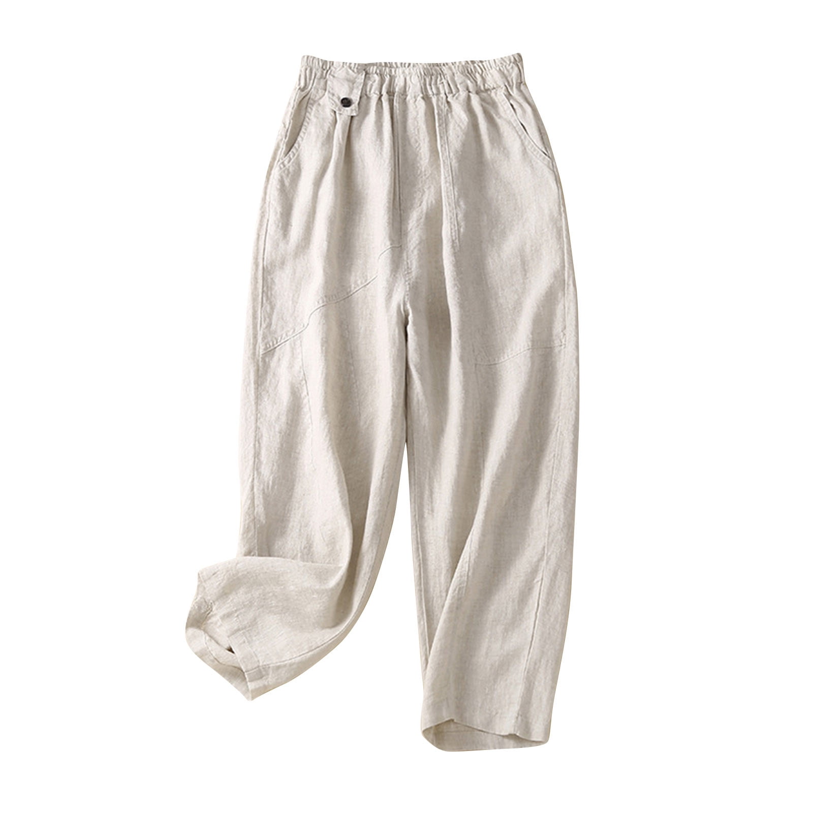 XIAfhje Cropped Linen Pants Women Solid Color Elastic High Waisted ...