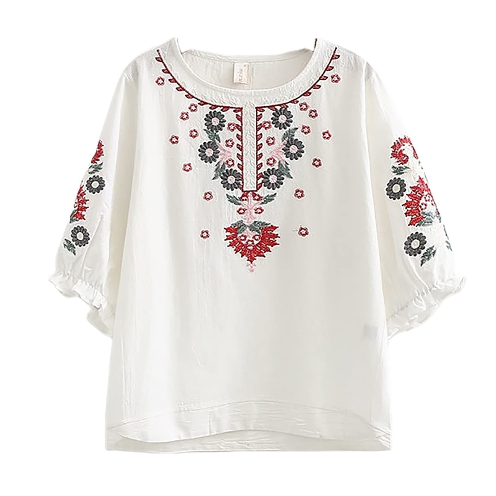 XIAfhje Women's Cotton Linen Top Bohemian Embroidery Mexican Tops ...