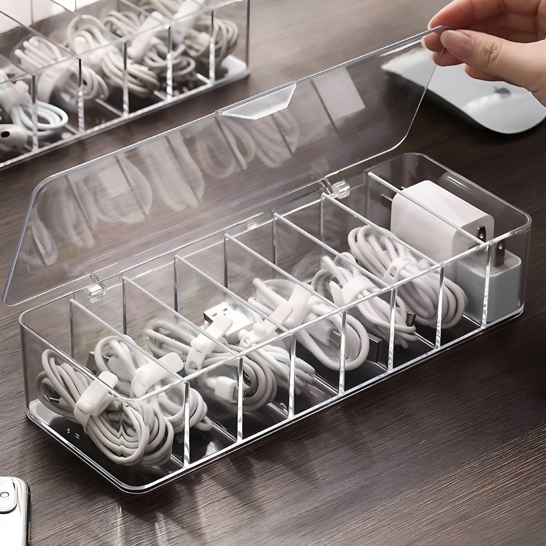 XIBUFE Cable Organizer Box with Lid, Clear Plastic Charger Cord Adapter ...