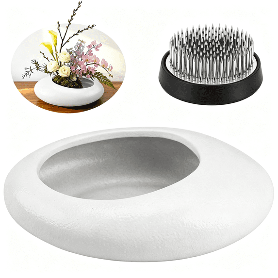 XIBUFE Japanese Ikebana Flower Frog Vase Set-1.57In White Stainless ...