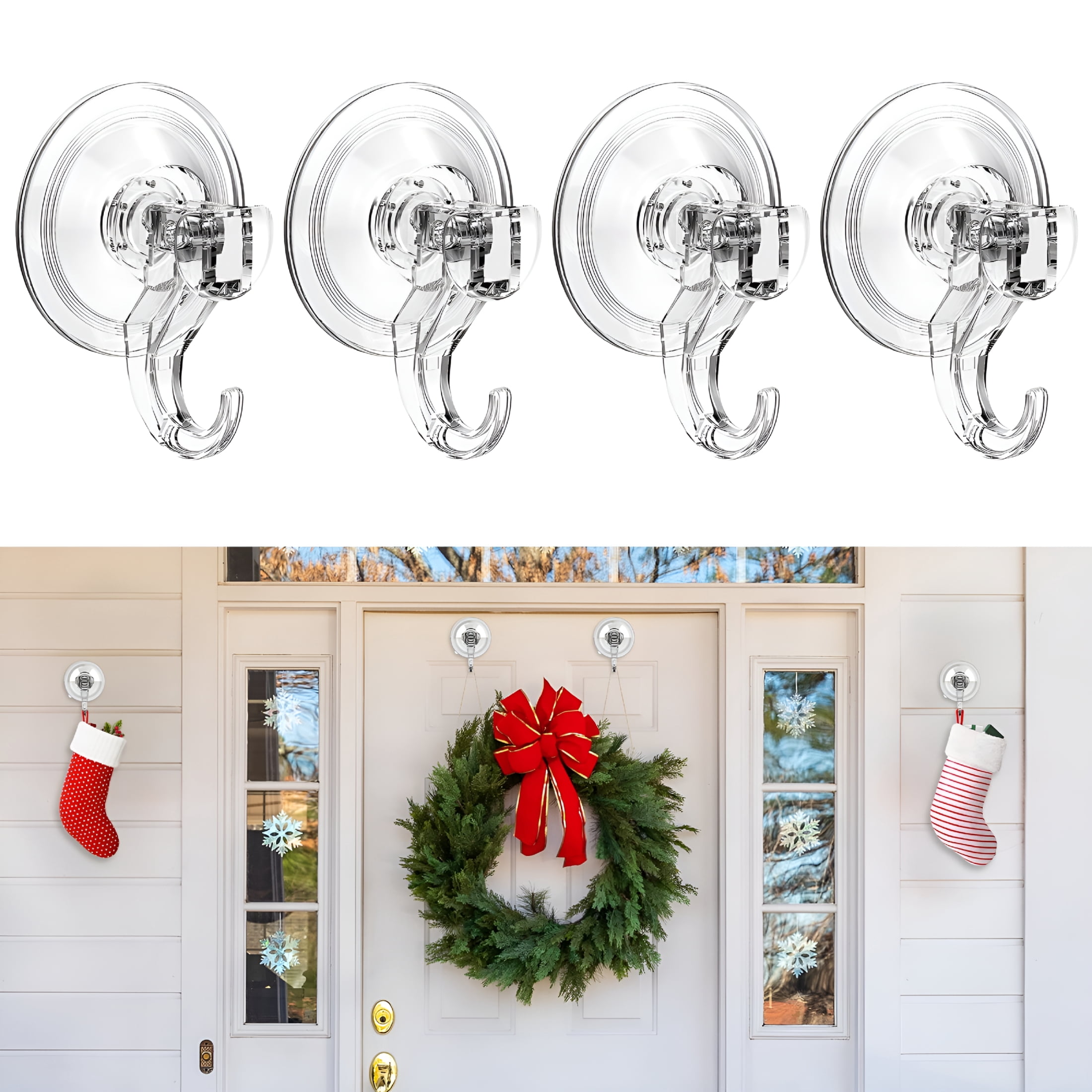 XIBUFE Suction Cup Hooks, 4 Pack Heavy Duty Wreath Hanger Reusable ...