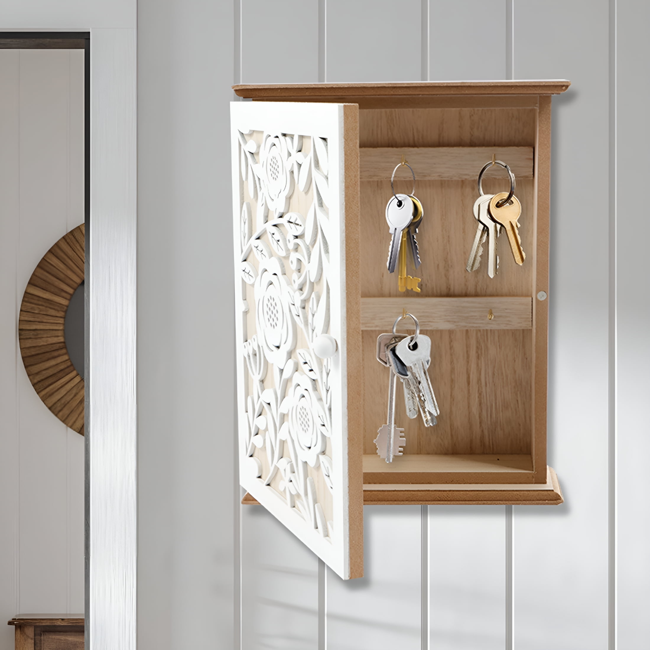 XIBUFE Wood Key Box Decorative Wall Key Holder with 6 Key Hooks ...