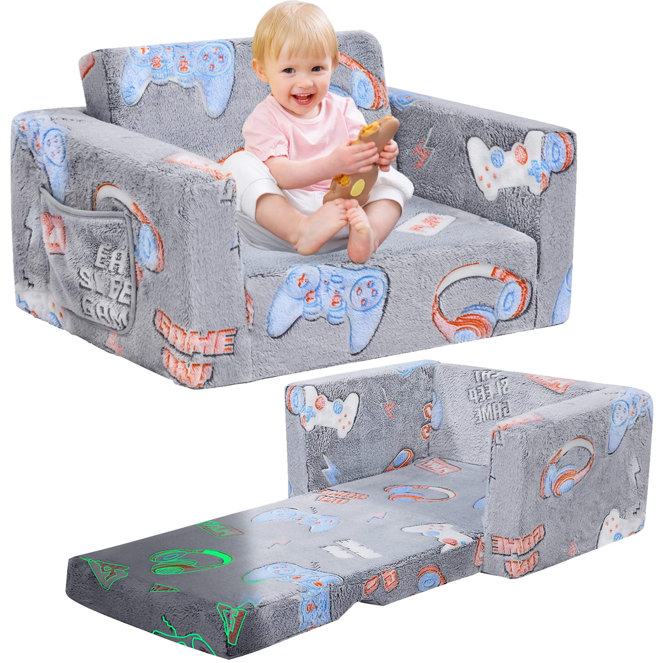 XIECUVA Kids Sofa 2-in-1, Folding Toddler Chair, Glow in the Dark ...