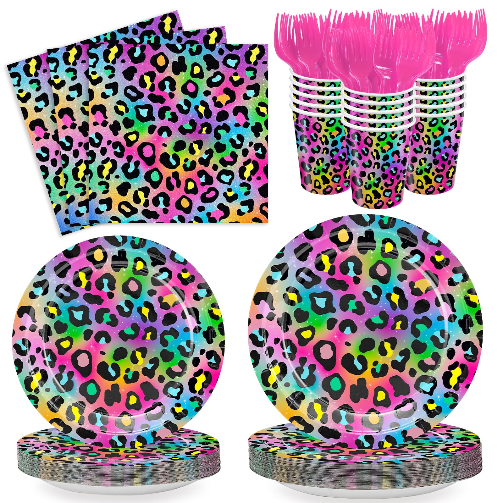 XIENBLOC 120pcs Neon Rainbow MMF7 Leopard Birthday Party Supplies Paper ...