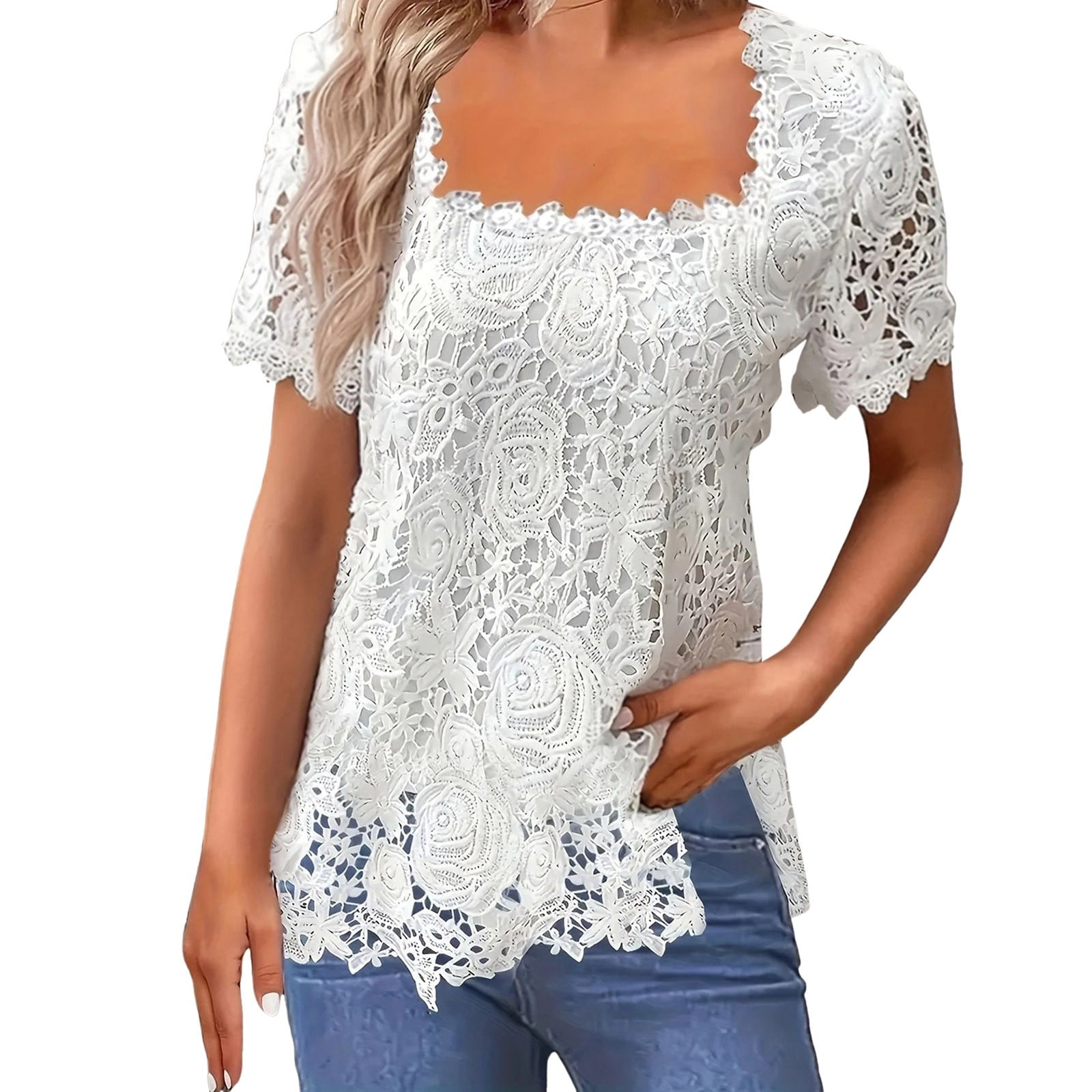 Xifhui Trendy Tops Summer Vest Loose Pleated Square Neck Short Sleeve