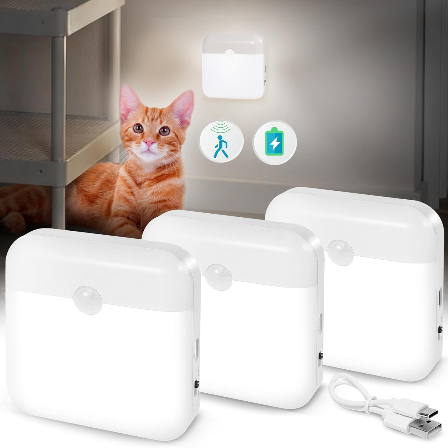 XIHAMA USB Rechargeable Battery Night Light Indoor,Stick-on Motion ...