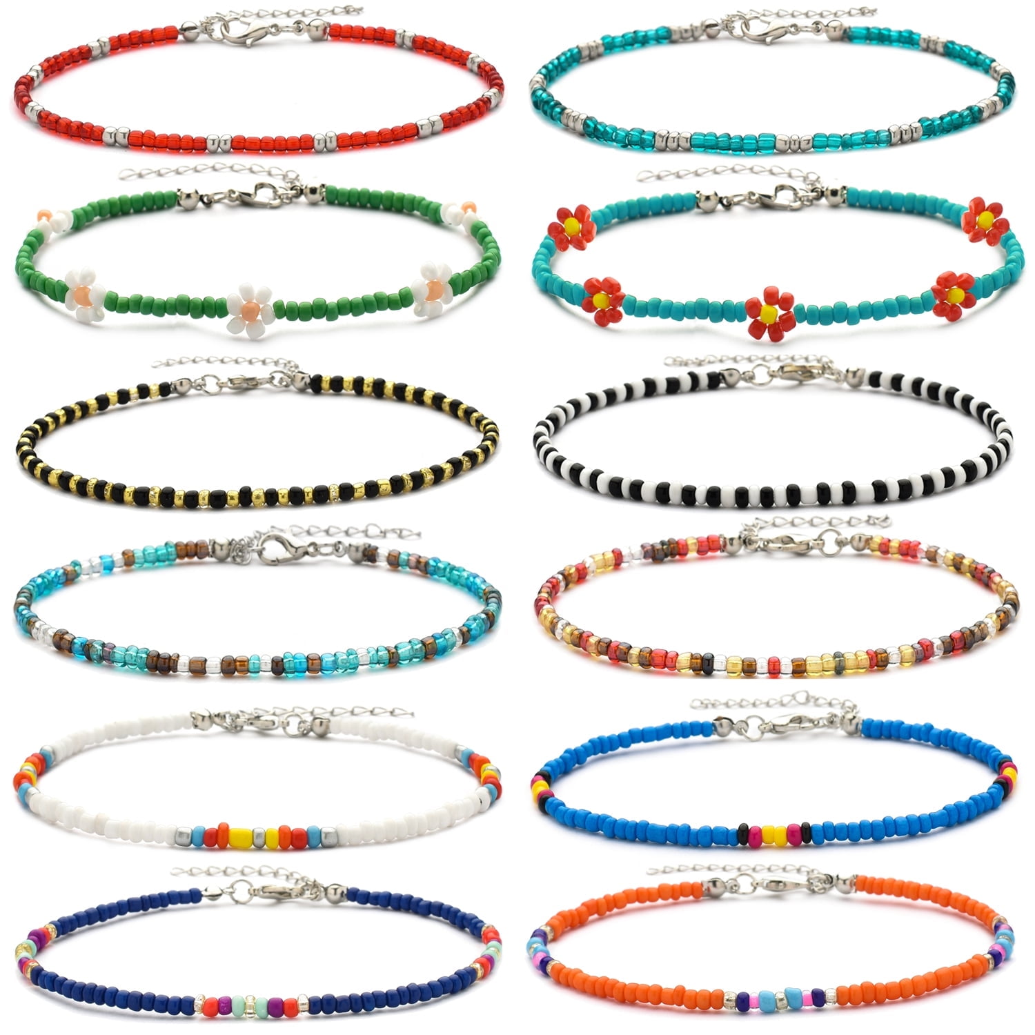 XIJIN Jewelry Accessories: 12Pcs Handmade Multicolor Beaded Anklets for ...