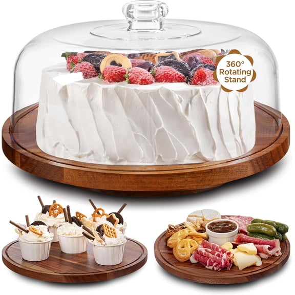 Acacia Wood Cake Stand with Lid - 10.24in Round Cake Holder, 2-in-1 ...