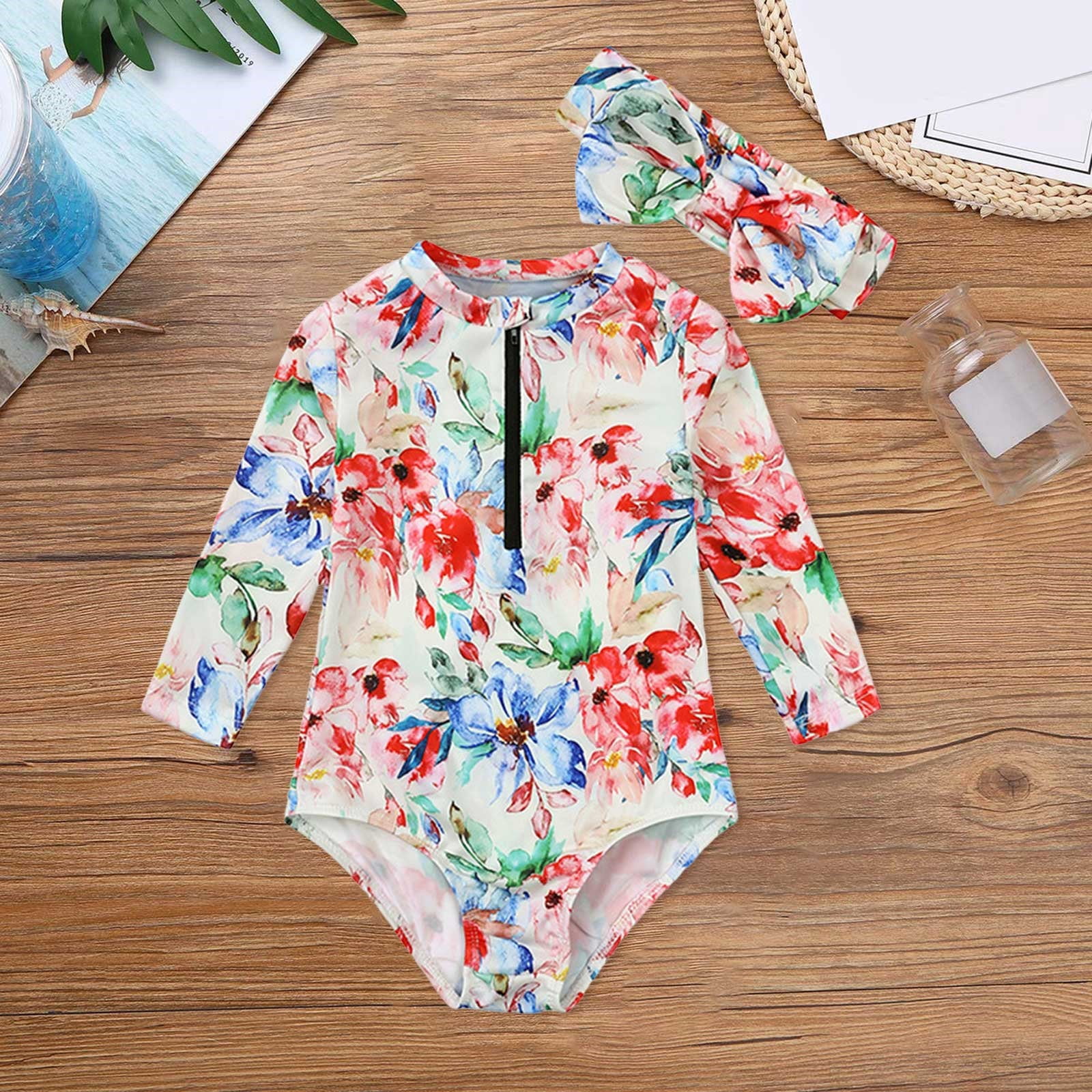 XIMIN Baby Girls Long Sleeve Swimsuits One Piece Sun Rash Guard Bathing ...
