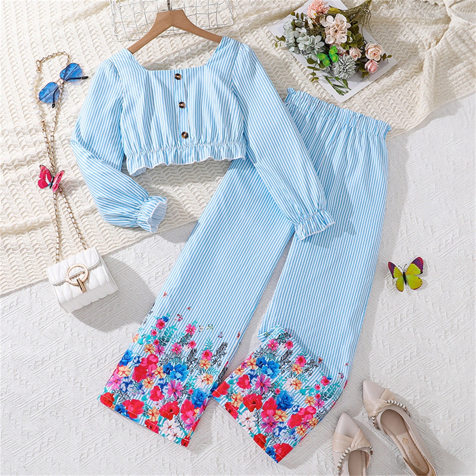 XIMIN Clothing Set for Girls:Floral Print Clothing Striped Long Sleeve ...