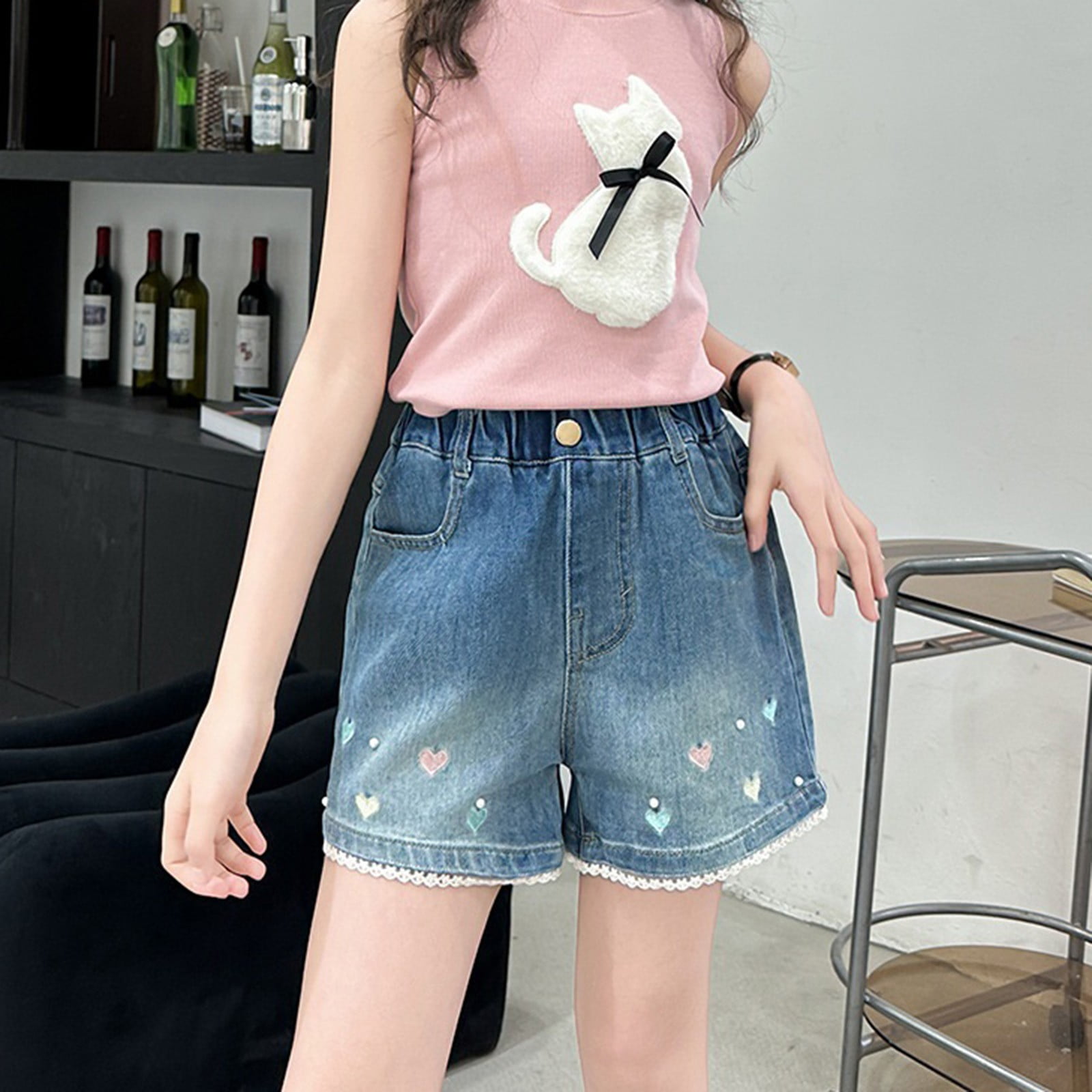 XIMIN Denim Shorts for Teen Girls Embroidered Heart Denim Shorts Wide ...