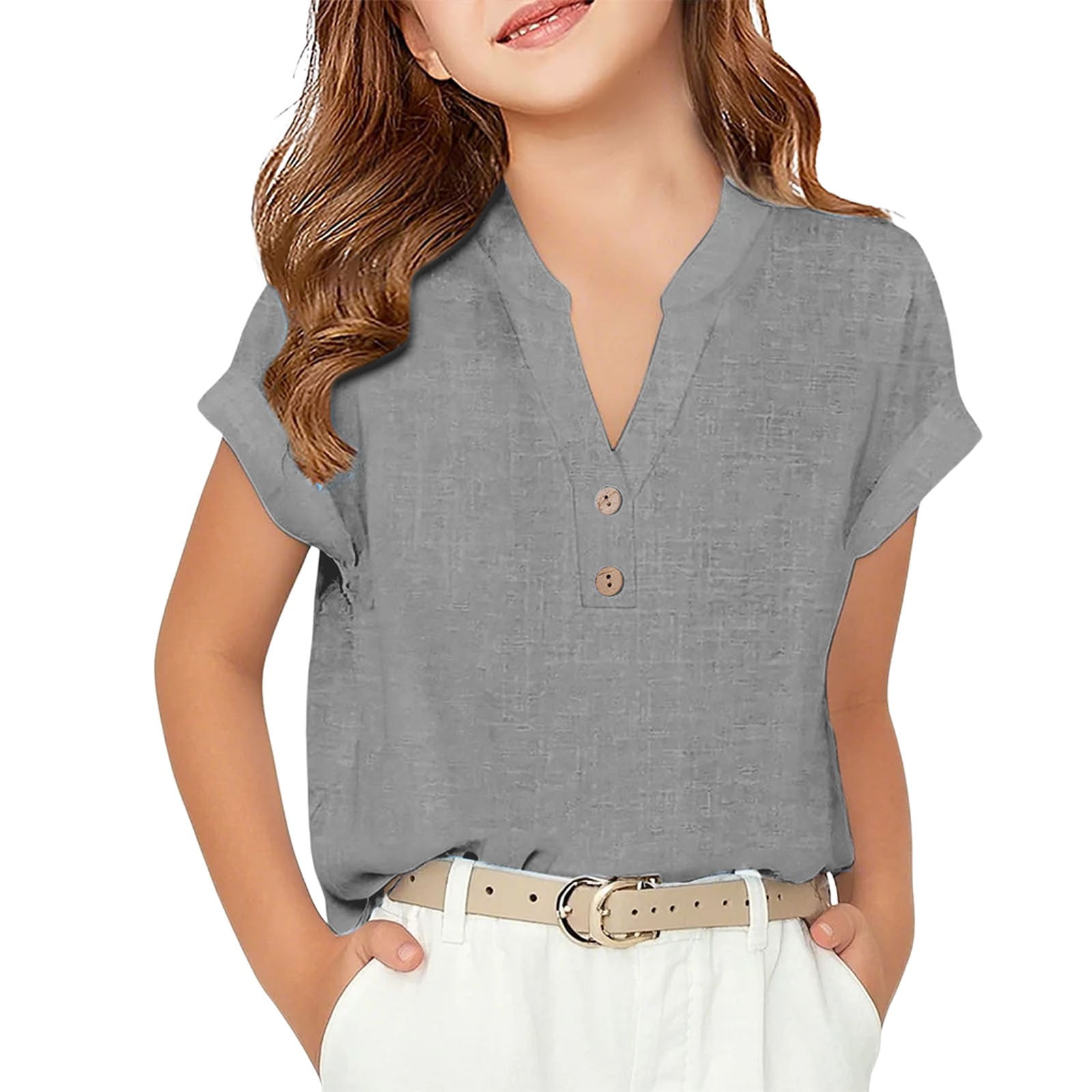 XIMIN Girl's Cotton Linen Shirts V Neck Button Down Tops Short Sleeve ...
