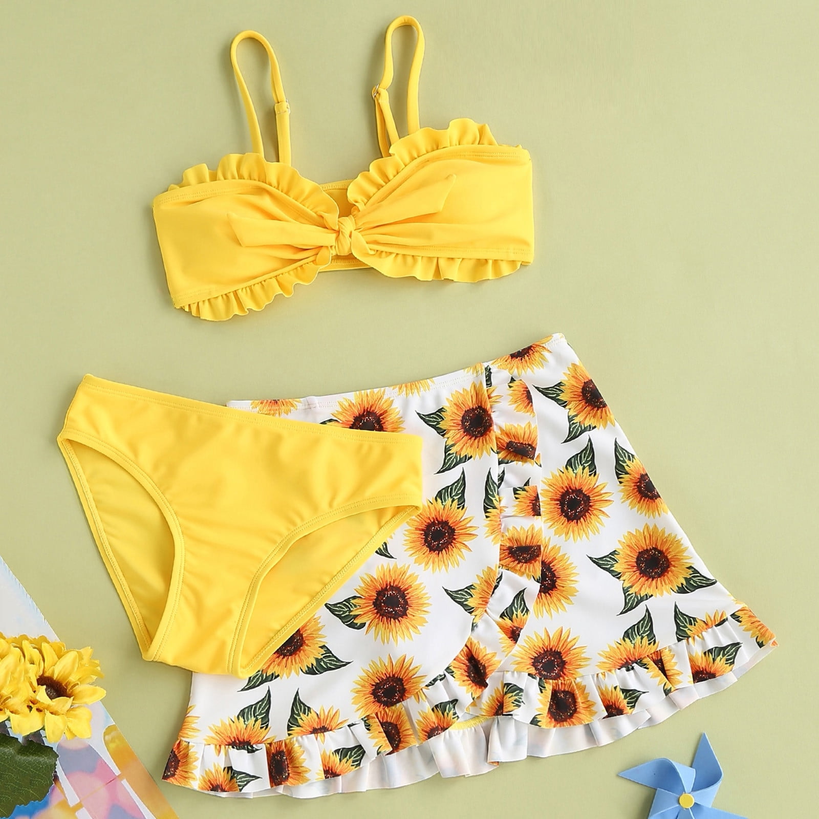 XIMIN Girl's Cute 3 Piece Tankinis Sunflower Swimsuit V Neck Spaghetti ...