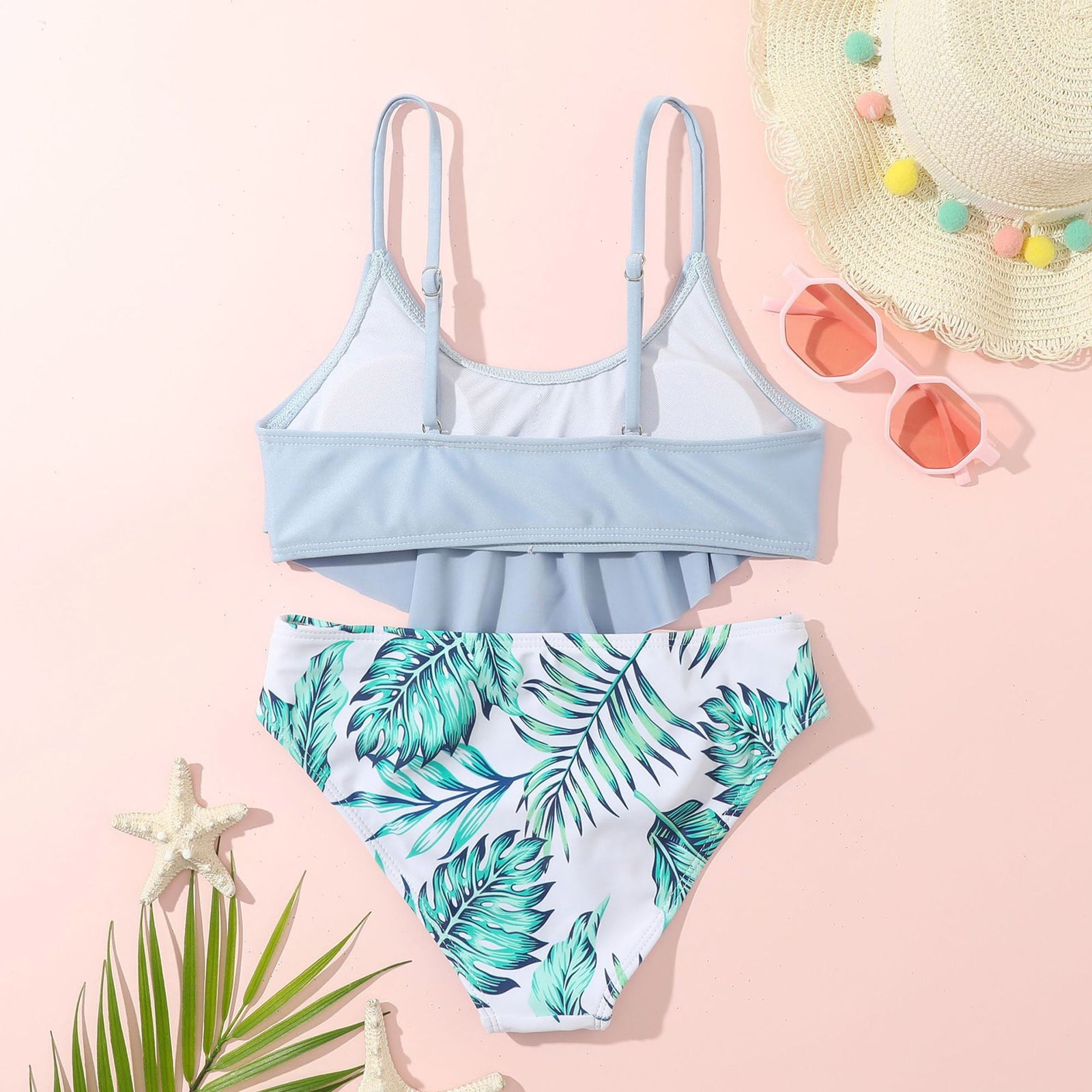 XIMIN Girl's Swimsuit Two Piece Leaf Print Shorts Bikini Set High ...