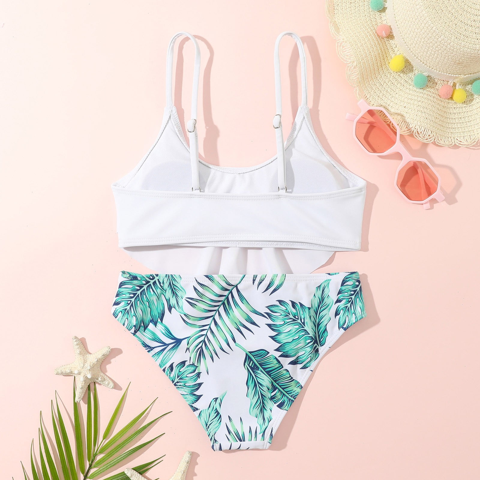 XIMIN Girl's Swimsuit Two Piece Leaf Print Shorts Bikini Set High ...