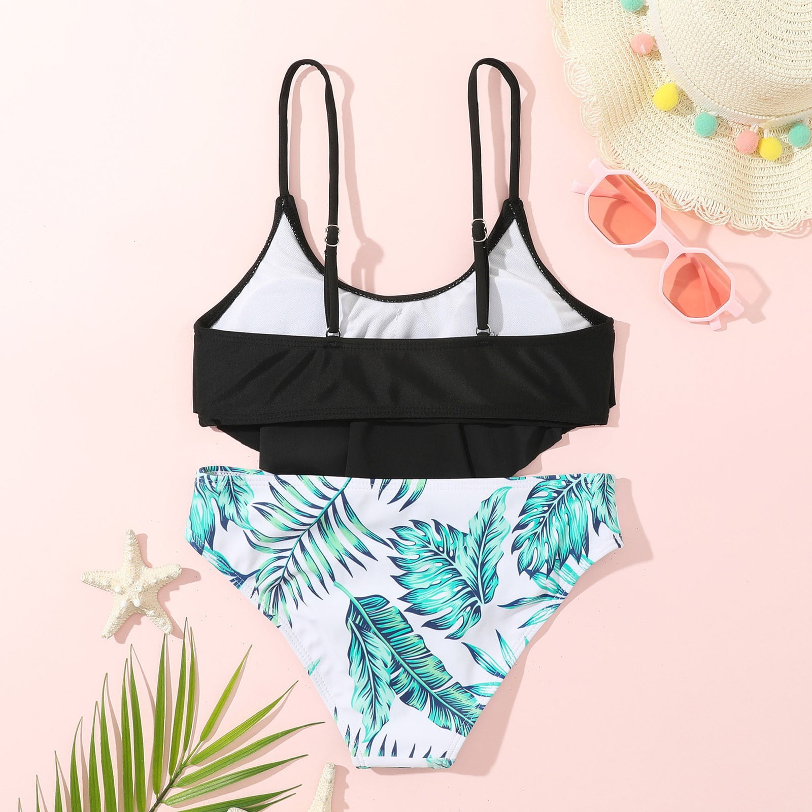 XIMIN Girl's Swimsuit Two Piece Leaf Print Shorts Bikini Set High ...