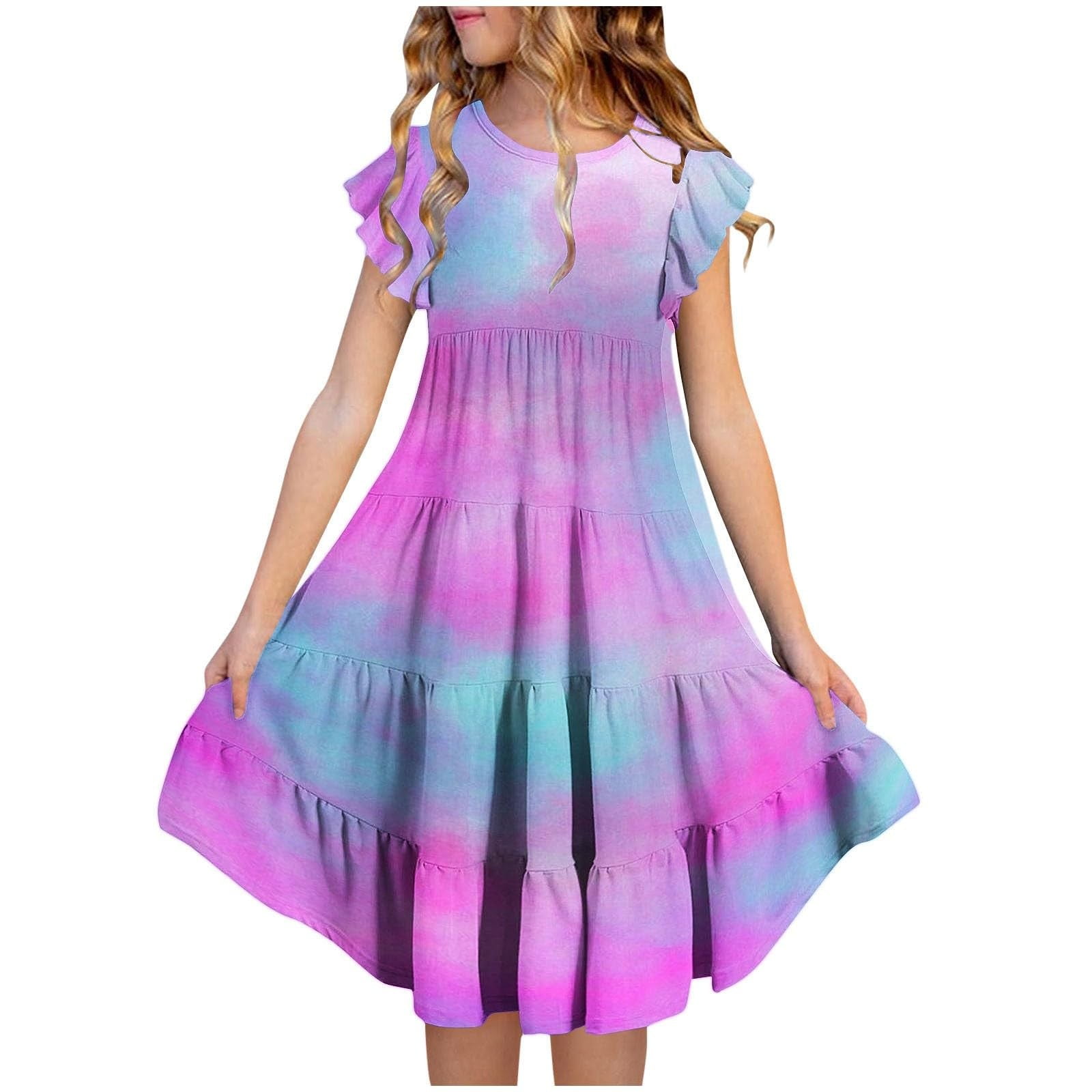 XIMIN Girls Summer Dresses Double Layer Sleeve Flowy A Line Casual ...