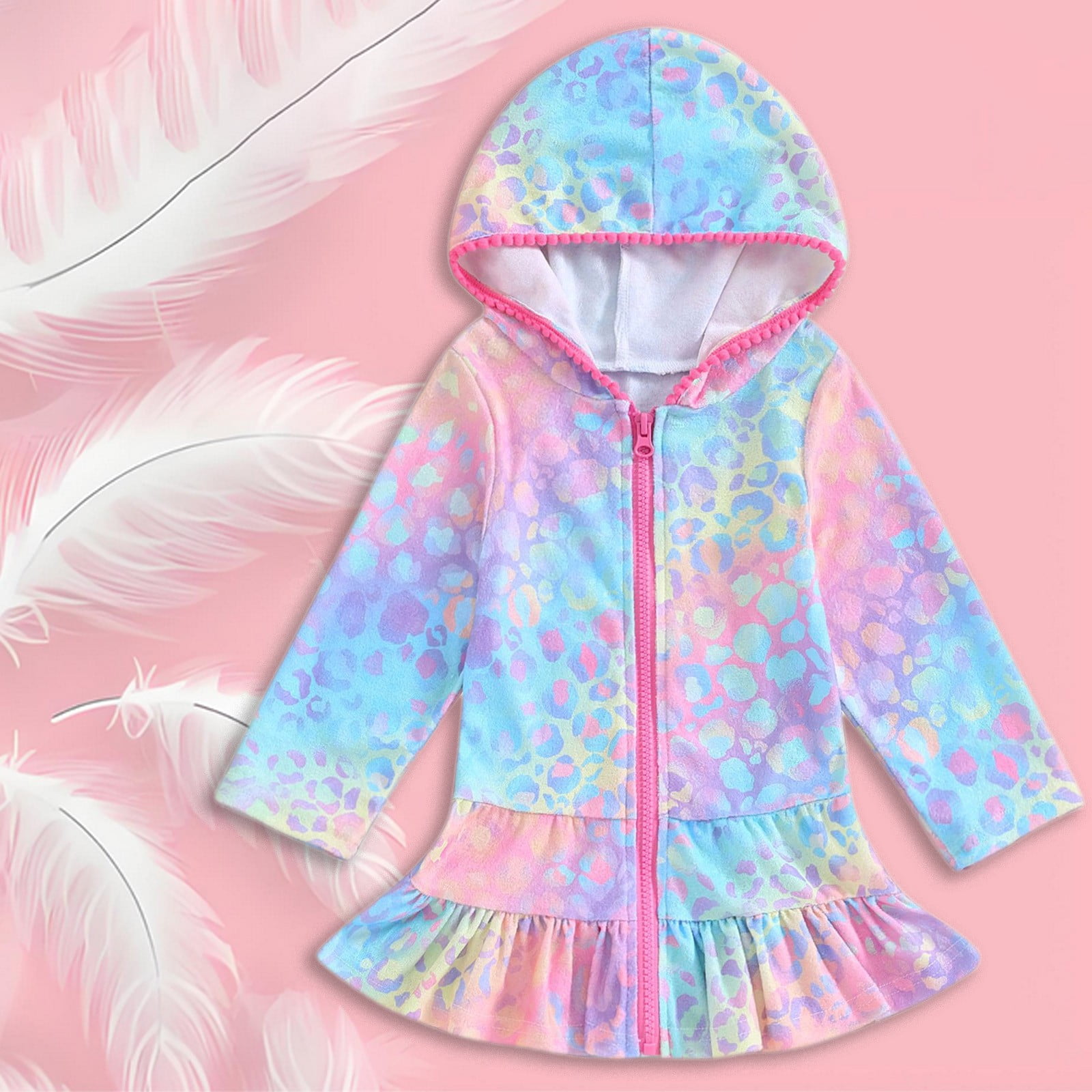 XIMIN Kids Girl Swim Cover Up Hooded Wraps Zip-Up Tie Dye Terry ...