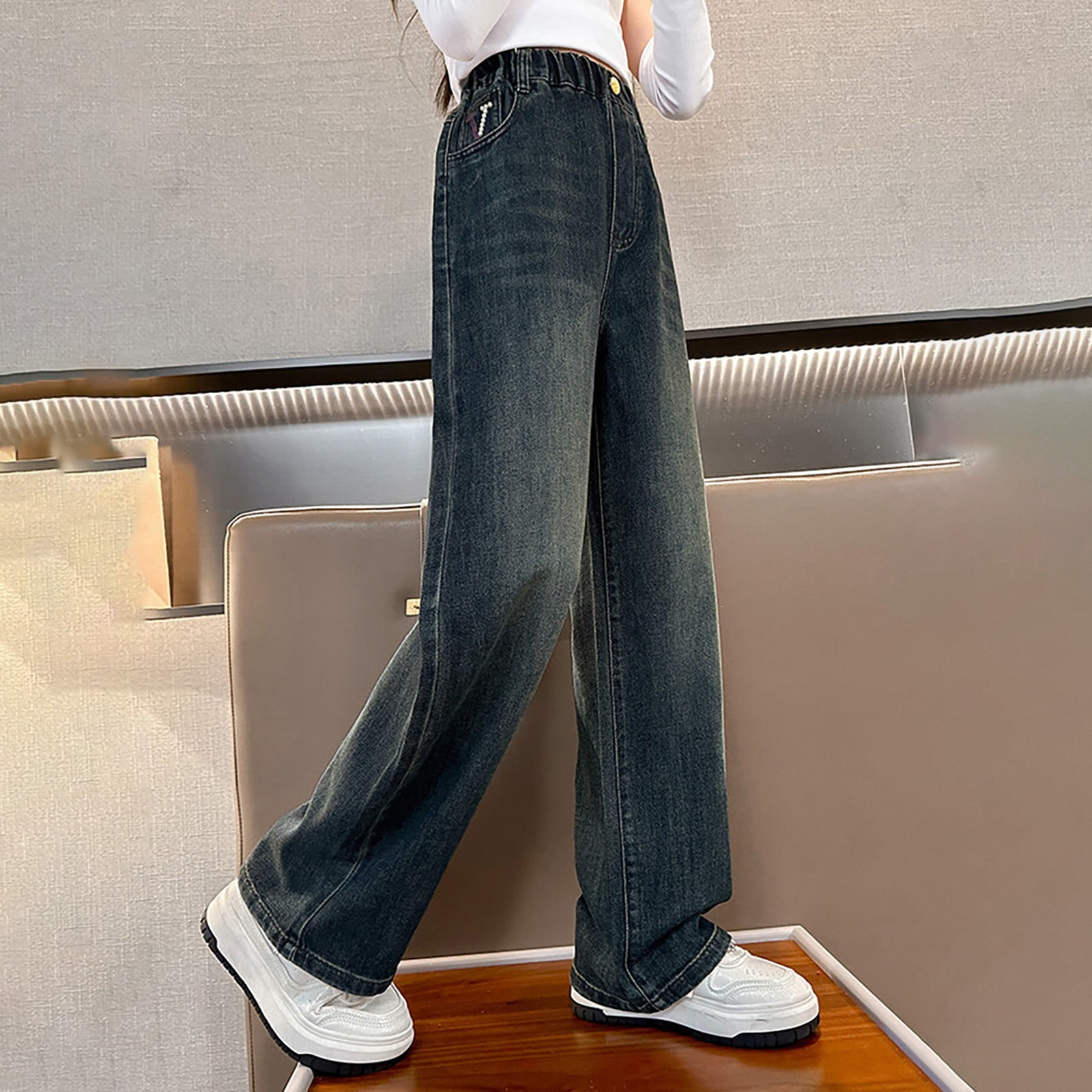 XIMIN Kids Girls Jeans High Waist Wide Leg Baggy Straight Leg Elastic ...