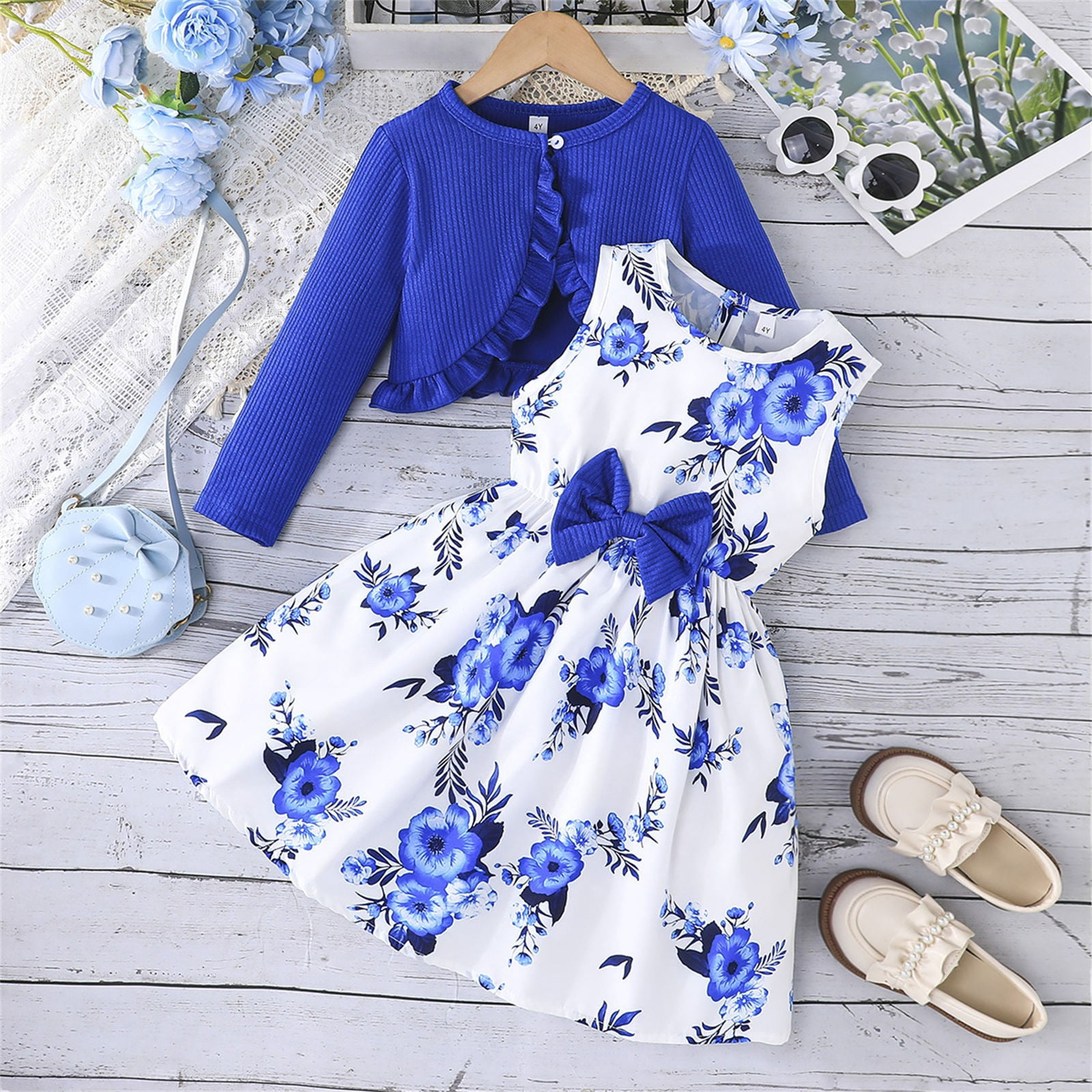 XIMIN Little Toddler Girl Dress + Cardigan 2 Piece Girl Floral Print ...
