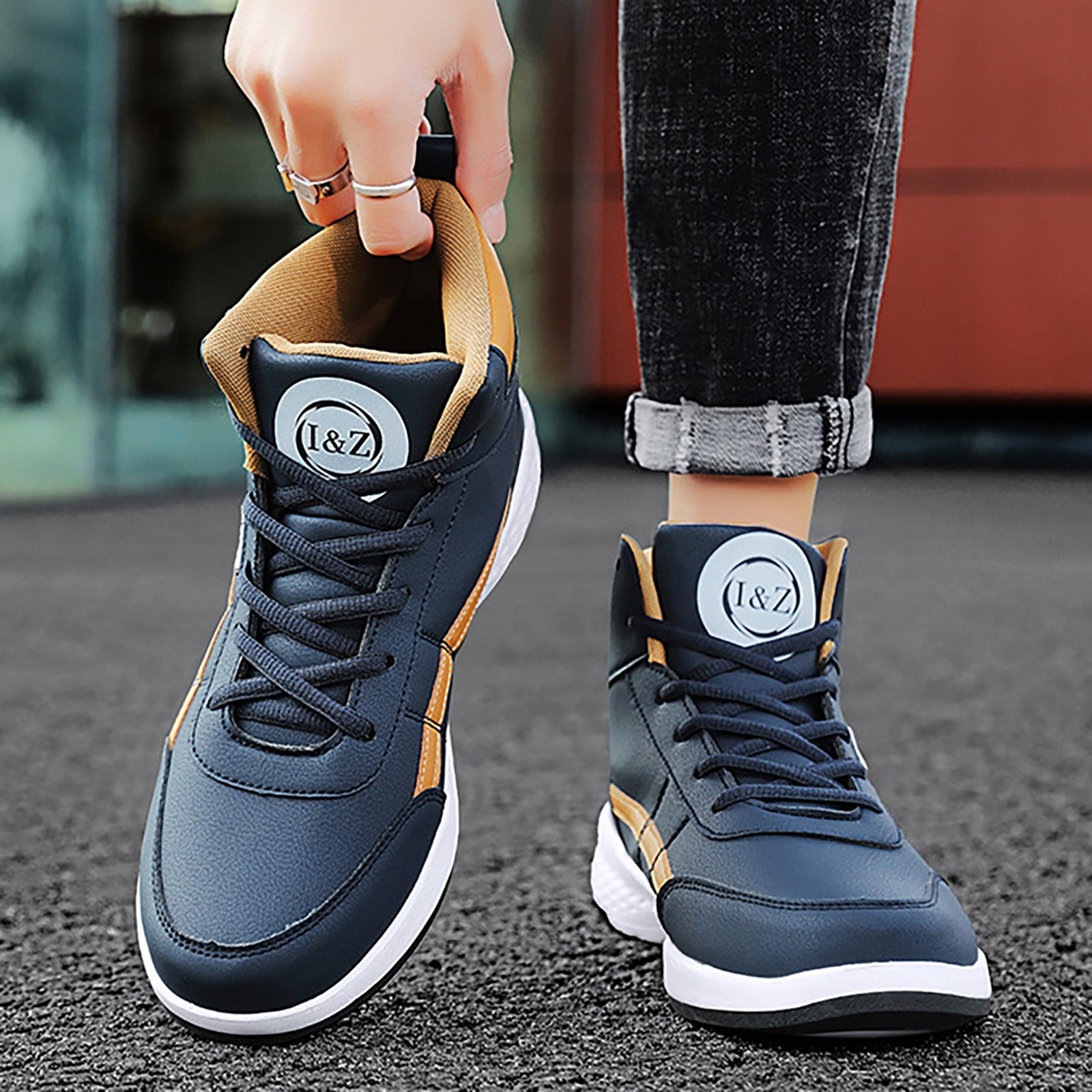 XIMIN Men's Leather High Top Lace-Up Platform Sneakers Ankle Boots ...